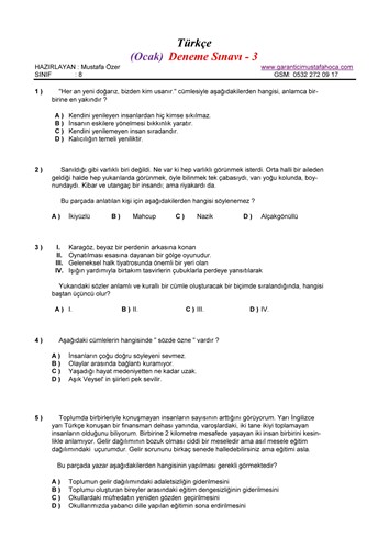 Türkçe Ocak Deneme - 3 | www.garanticimustafahoca.com