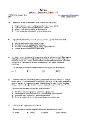 Türkçe Ocak Deneme - 4 | www.garanticimustafahoca.com